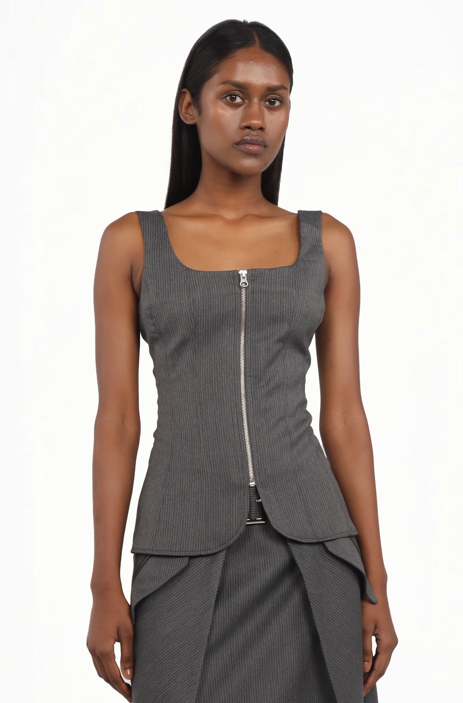 Charcoal Pinstripe Zip-Up Sculpted Bustier – Qua