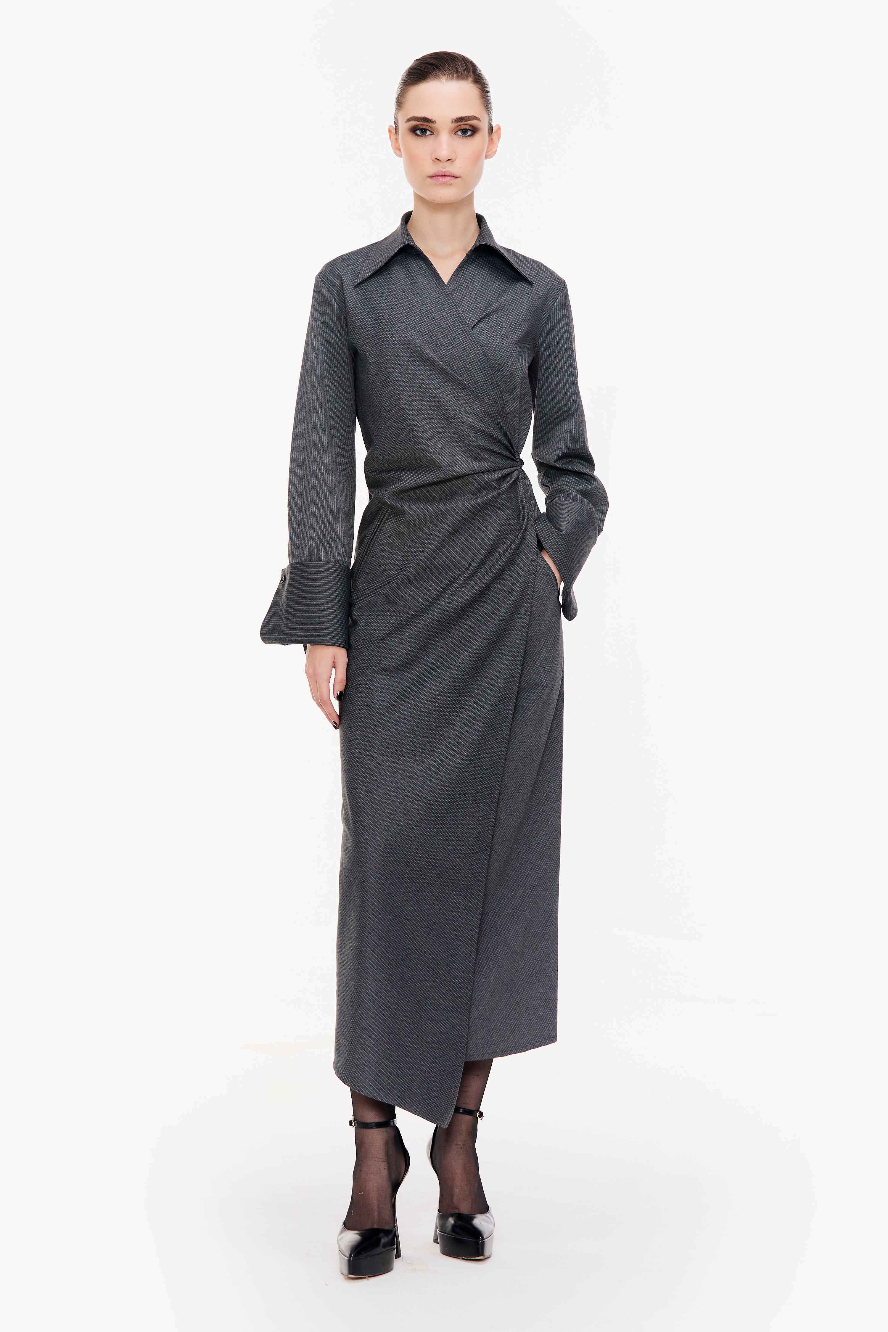 Charcoal Grey Pinstripe Angular Hem Wrap Dress – Qua