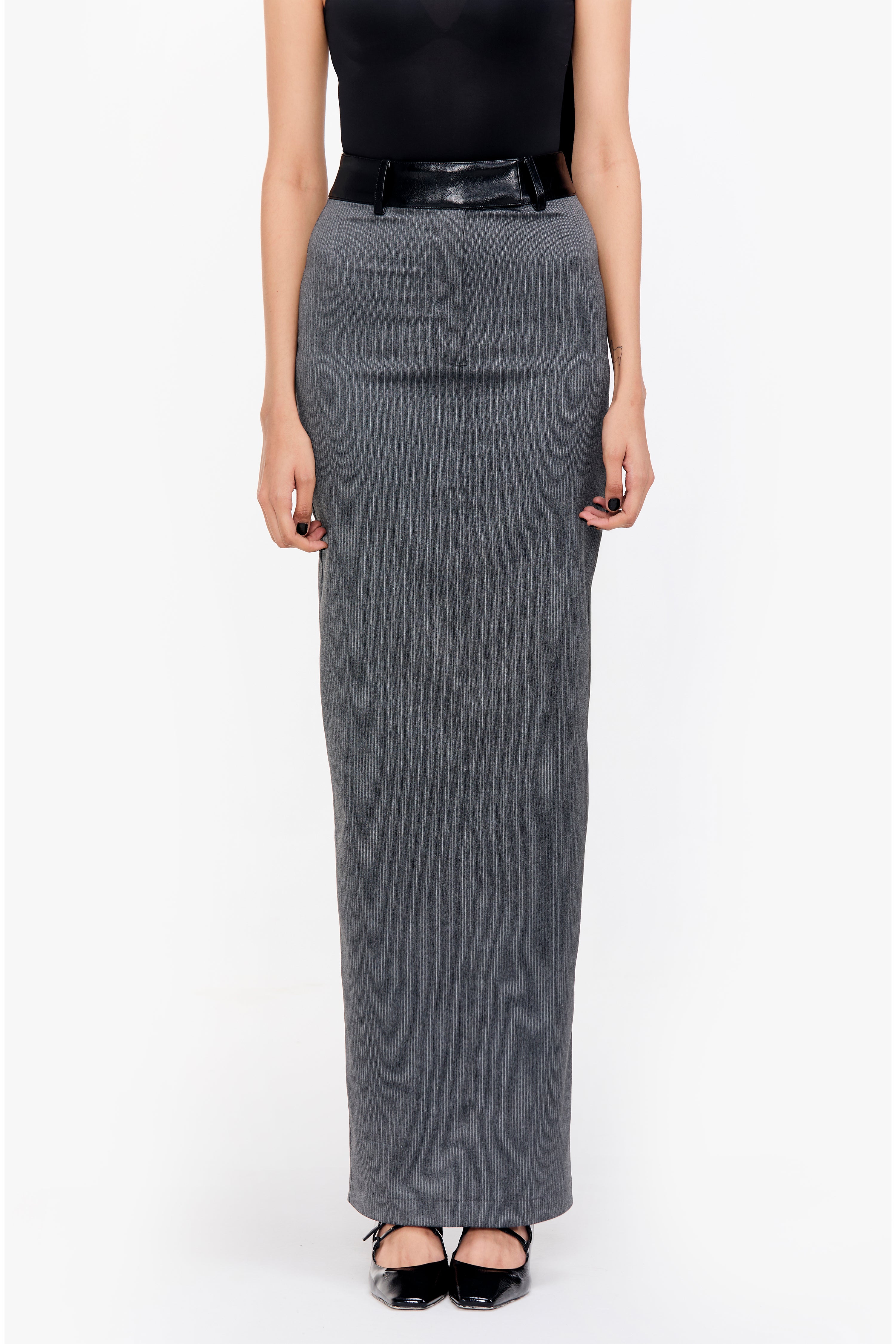 Charcoal Grey Pinstripe & Black Tailored Column Skirt – Qua