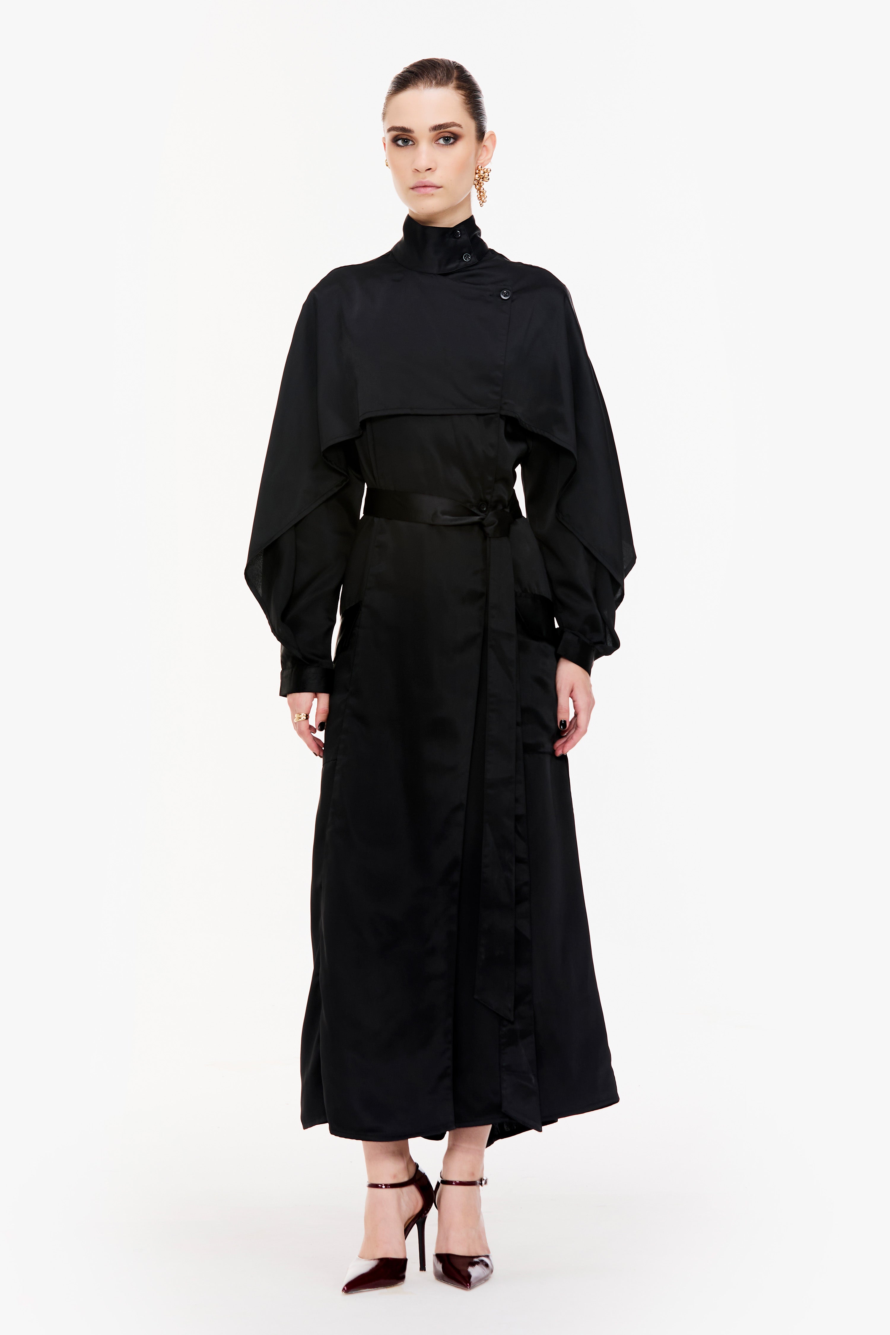 Obsidian Black Satin Cape Jacket – Qua