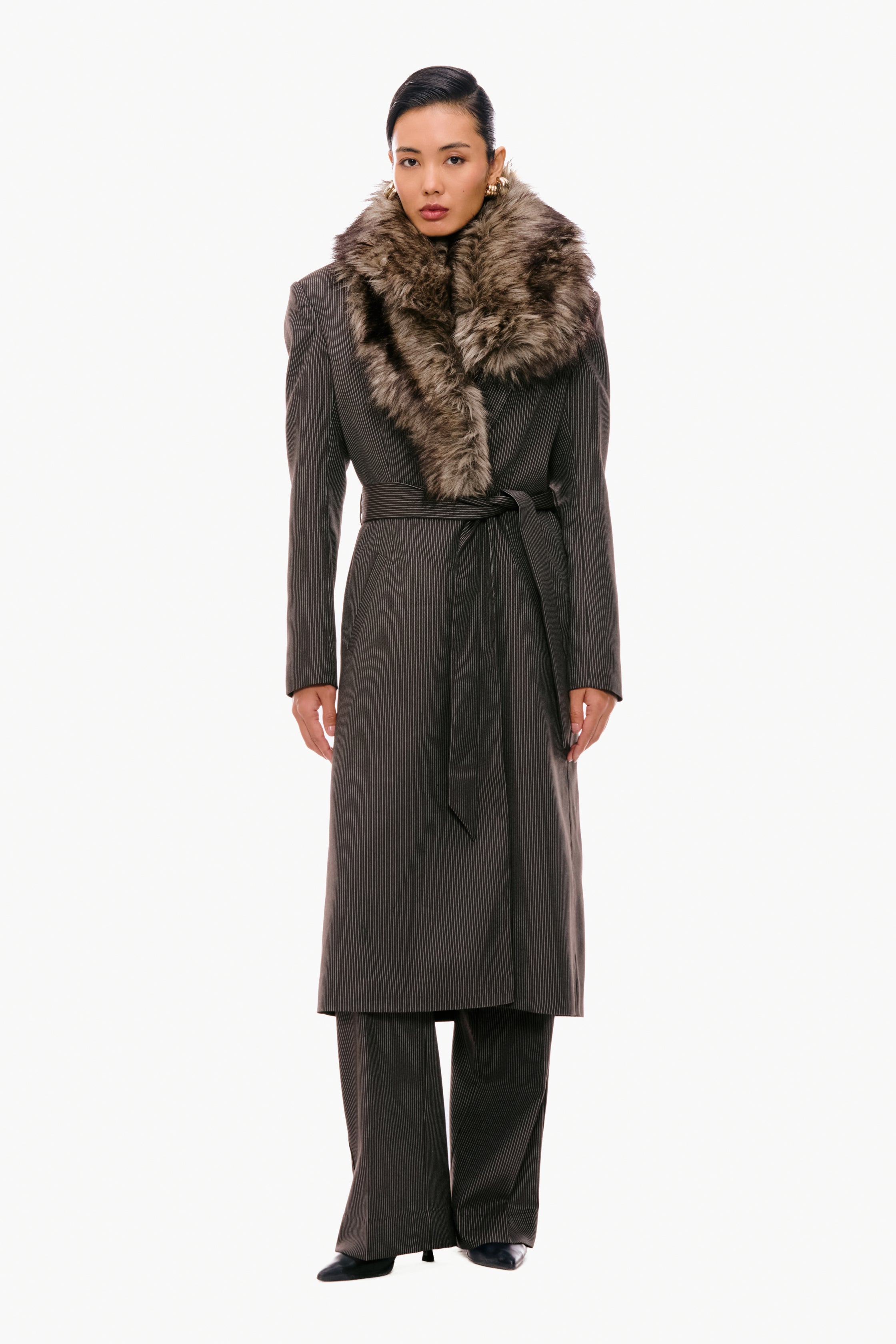 Espresso Pinstripe & Tipped Brown Faux Fur Modular Fur-Trimmed Coat – Qua