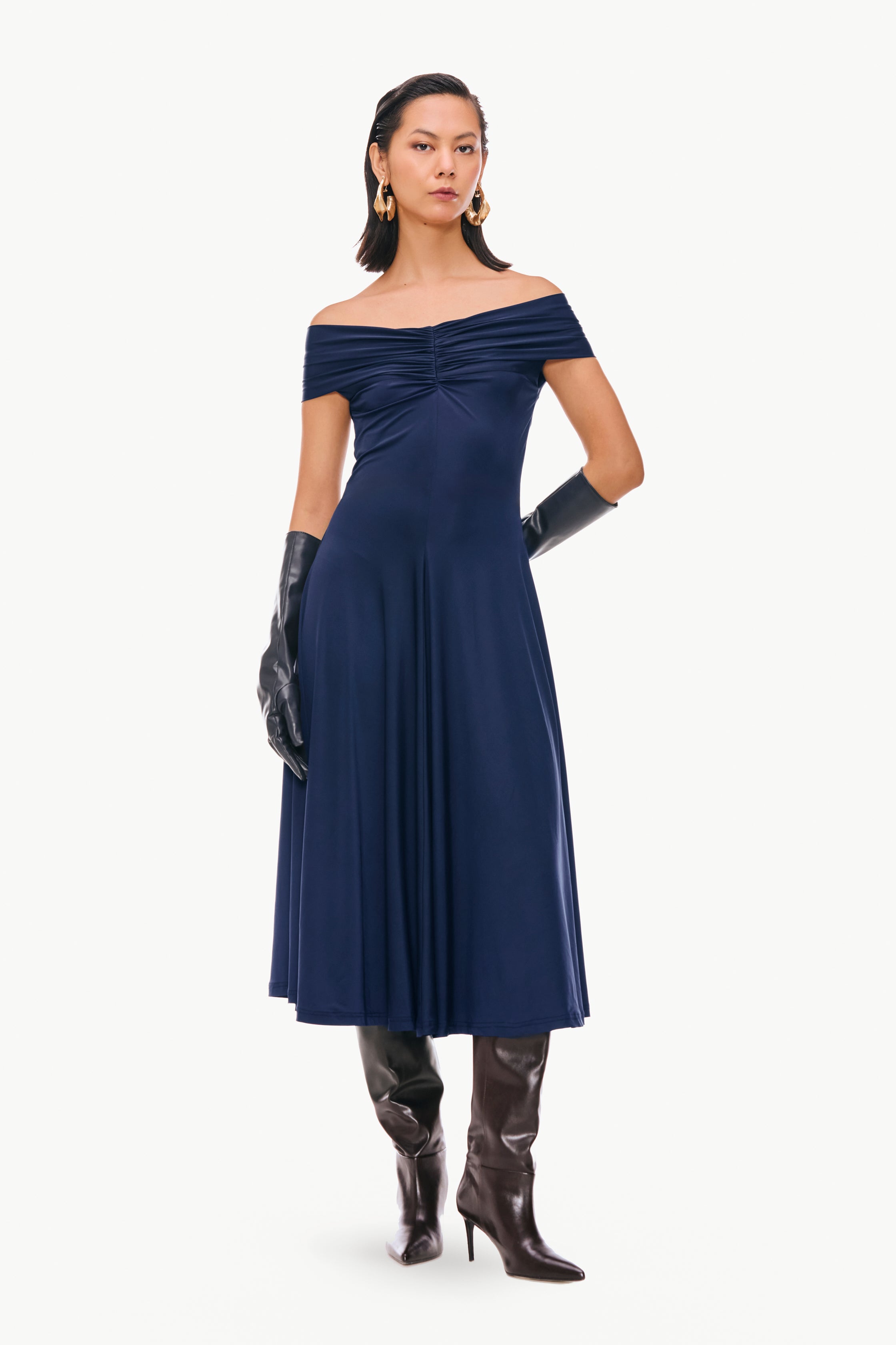 English Blue Off-Shoulder Fluid Dress – Qua