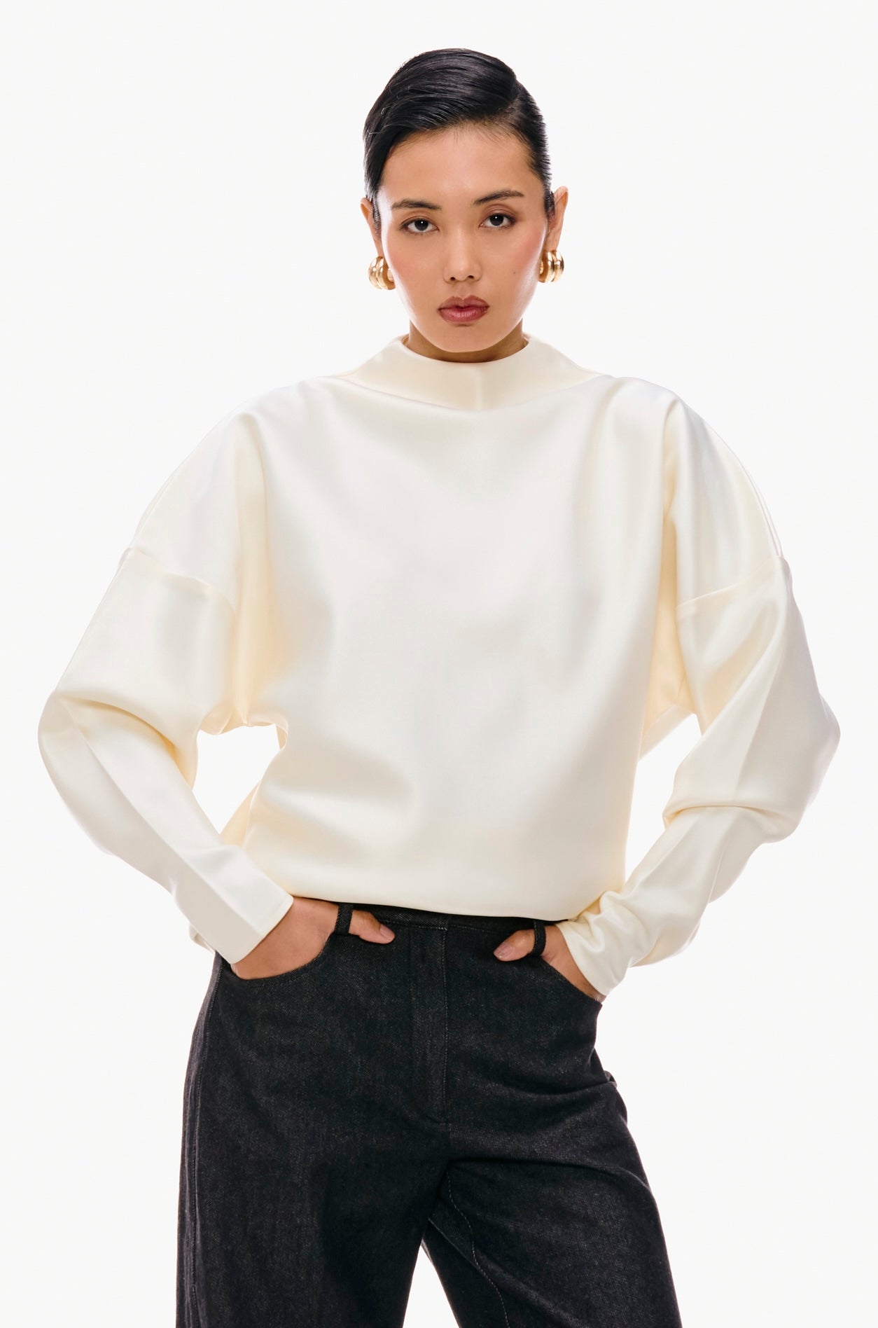 Oat Milk Cream Structured Satin Top – Qua
