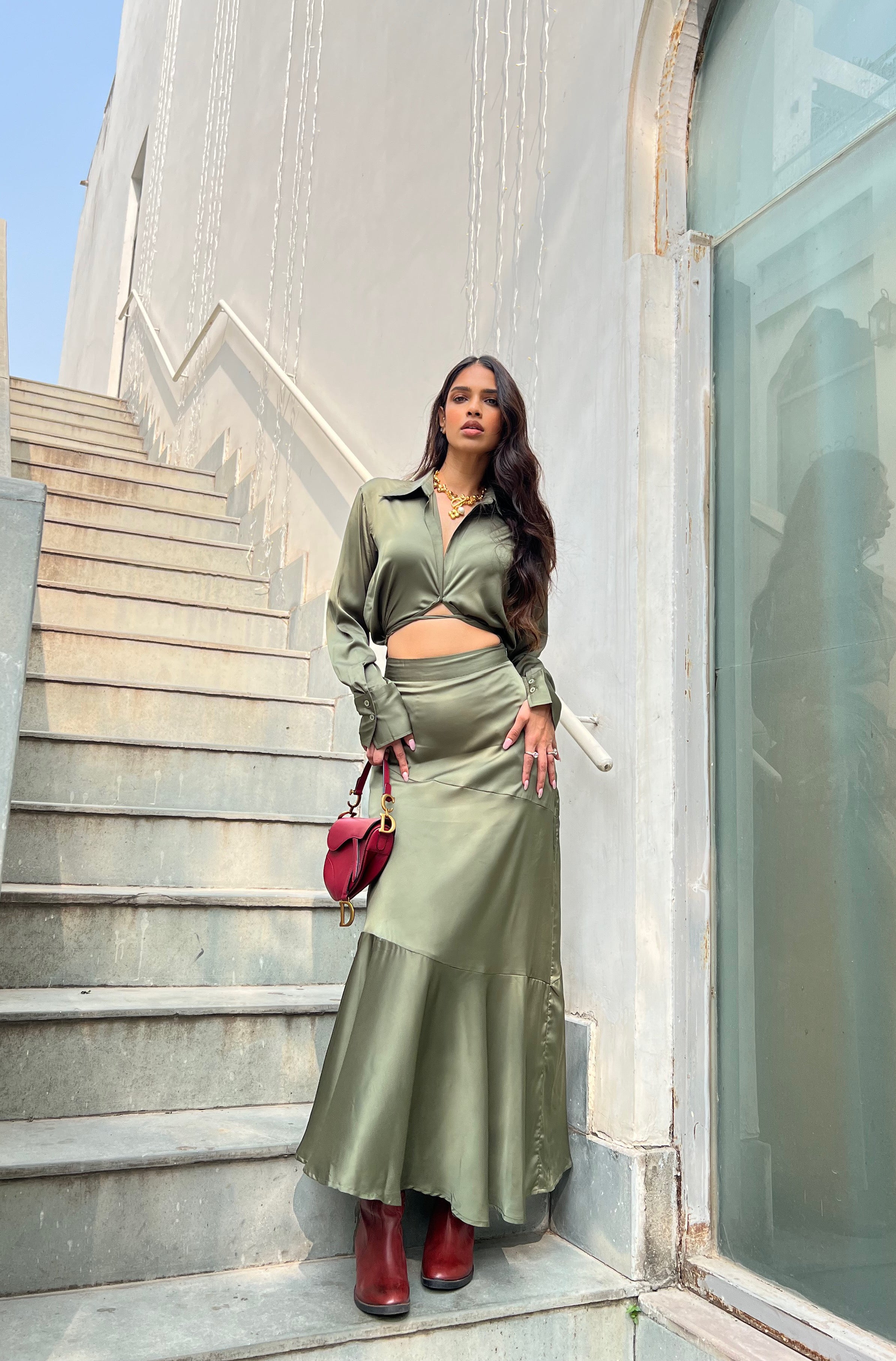 Moss Green Asymmetric Satin Skirt – Qua