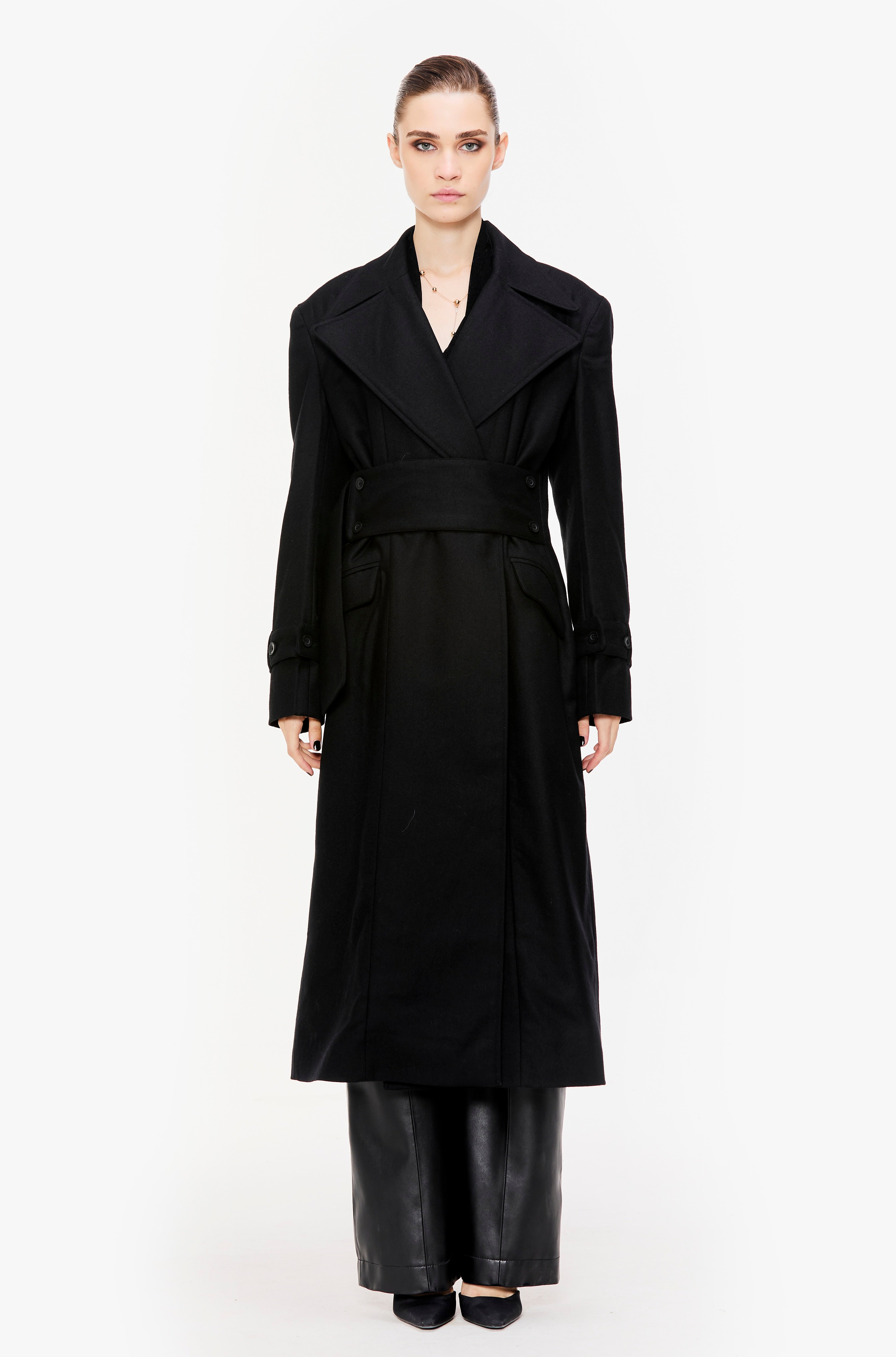 Caviar Black Belted Wool Coat – Qua