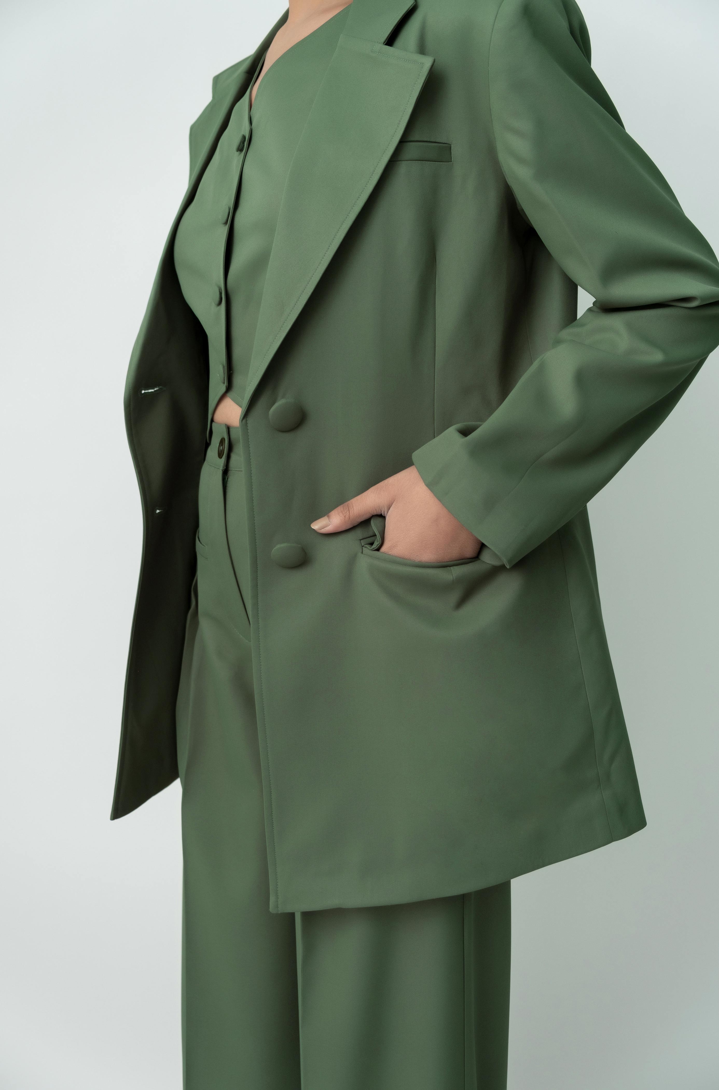 Basil Green Polyster Viscose Oversized Tailored Blazer – Qua